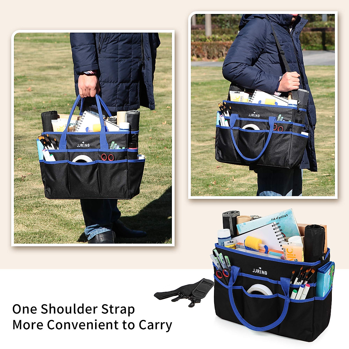 JJRING Large Multi-Functional Carrying Bag, 600D Nylon Artist Tote Bag with 16 Pockets Caddy for Art, Craft, Sewing, Make-up or School, Medical, Office Supplies Organizer, Blue