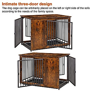 Heybly Furniture Style Dog Crate,Wooden Pet Kennels with 3 Doors,Indoor Pet Crate End Table with Removable Tray for Dogs Under 60lbs, Rustic Brown and Black HFC102SR