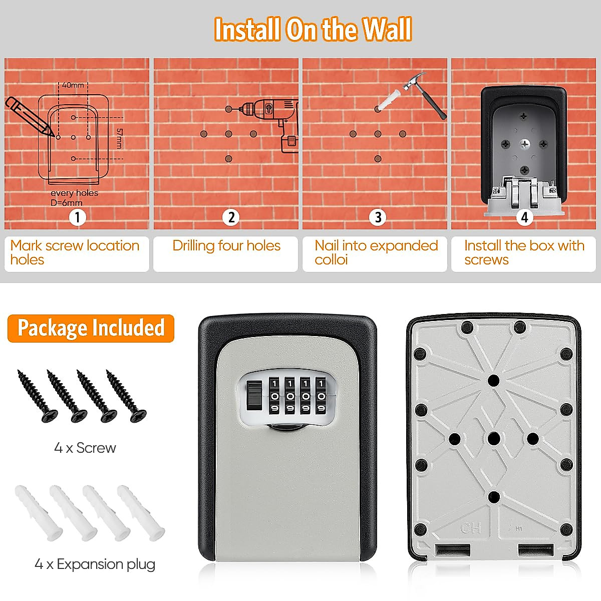 Key Lock Box Wall Mounted, Fayleeko 4 Digit Combination Lockbox for Outside, House Keys - 5 Keys Capacity, Key Safe Security Storage Lock Box for Indoor, Outdoor, Garage, Garden, Store (1-Pack, Gray)