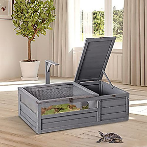 LEISU Wooden Tortoise House with Light Support Frame Lockable Tortoises Enclosure Turtle Habitat with Wire Top and Handle, Outdoor Reptile Cage (Grey)