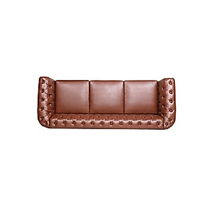 HomSof 84" Rolled Arm Chesterfield 3 Seater Sofa Mid Century Modern Couch for Small Spaces, Brown PU Leather