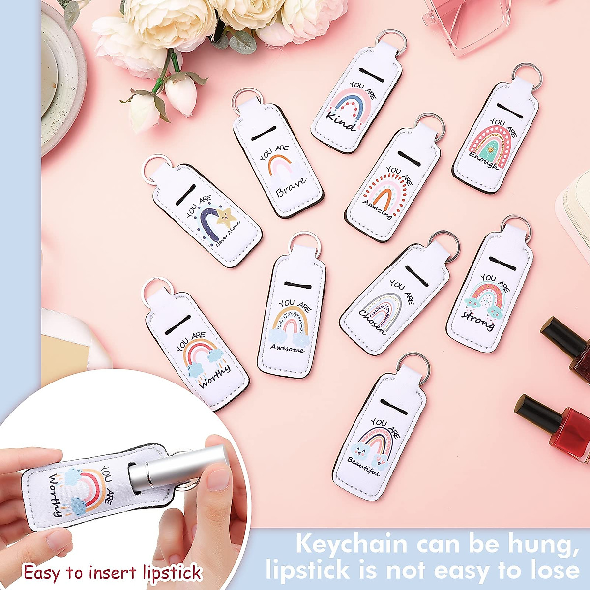 Ctosree 40 Pcs Bohemian Rainbow Lipstick Holder with Inspirational Words Portable Clip on Lip Gloss Sleeve Pouch Keychain Boho Pocket Lip Balm Holder for Travel Graduation Gifts, 10 Pattern