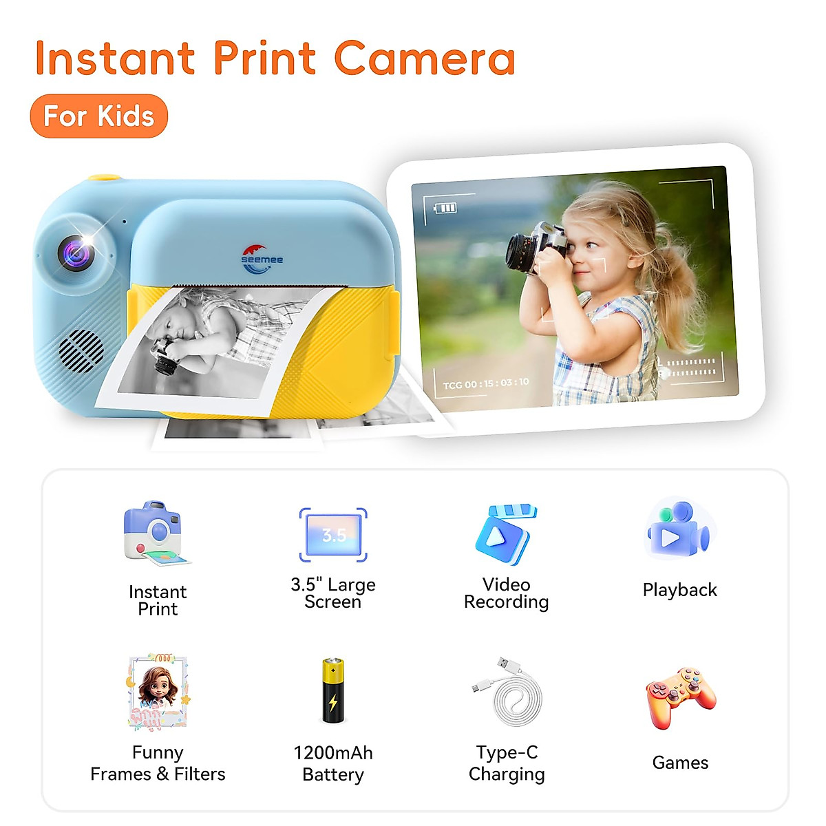 Seemee Instant Print Camera for Boys, Selfie Instant Camera with 3.5" Screen, 32G Card, 3 Rolls Print Papers, Stickers, Cute Camera Birthday Gifts Toys (Blue)