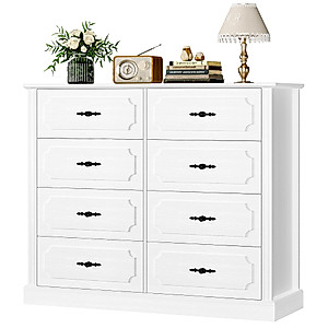 FINETONES White Dresser Chest of Drawers, 47.2“ Wood Dresser 8 Drawer with Steel Handles, Modern Dresser Drawers Floor Storage Cabinet for Living Room Hallway Office