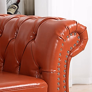 HoRunzelin Chesterfield Luxury PU Leather 3 Seater Sofa Couch,Classic Tufted Button and Nailhead Rolled Arm for Office Living Room,Orange