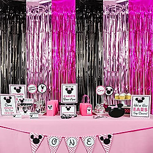 LOLStar 3 Pack Minnie Birthday Party Supplies,3.3x6.6 ft Black Pink Fuchsia Tinsel Foil Fringe Curtains,Cartoon Mouse Photo Booth Prop Streamer Backdrop,Minnie Themed Party Decoration for Girls Babies