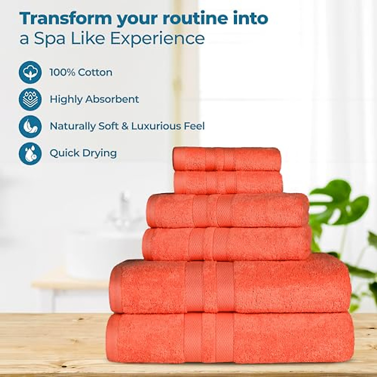 Superior Ultra-Soft 6-Piece Cotton Towel Set, Includes 2 Bath Towels, 2 Hand Towels, and 2 Washcloths for Bathroom, Guest Room, Quick Dry, Daily Use Home Essential Towels - Tangerine