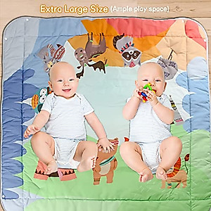 Mostop Baby Gym Play Mat with 4 Toys for Sensory and Motor Skill Development Language Discovery, 3 in 1 Large Size Baby Gym Activity Center for Tummy Time Washable Mat Covers Baby Activity Play Mat