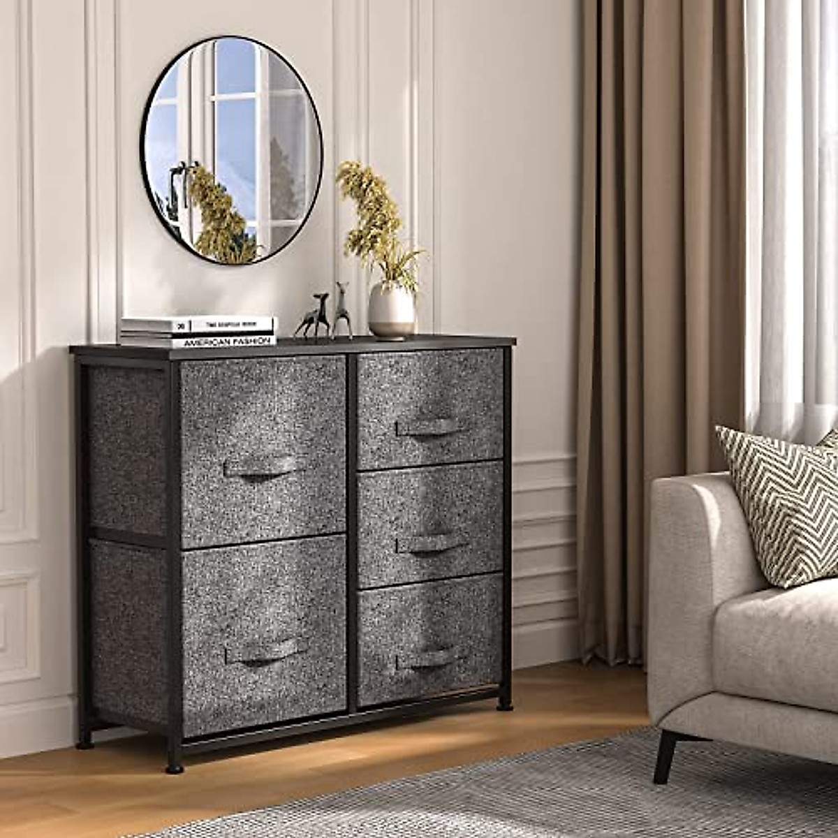 Pipishell Fabric Dresser, 5 Drawer Storage Chest Tower, Organizer Unit for Bedroom, Hallway, Entryway, Closets and Living Room -Sturdy Steel Frame, Wood Top, Easy Pull