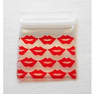 Small Poly Bags (1"x1") Mini Plastic Baggies, Thick 2mil, Designer Rave Party Pouches (1010) Tiny Ziplock Dime Bag (100, Red Lips on Silver)