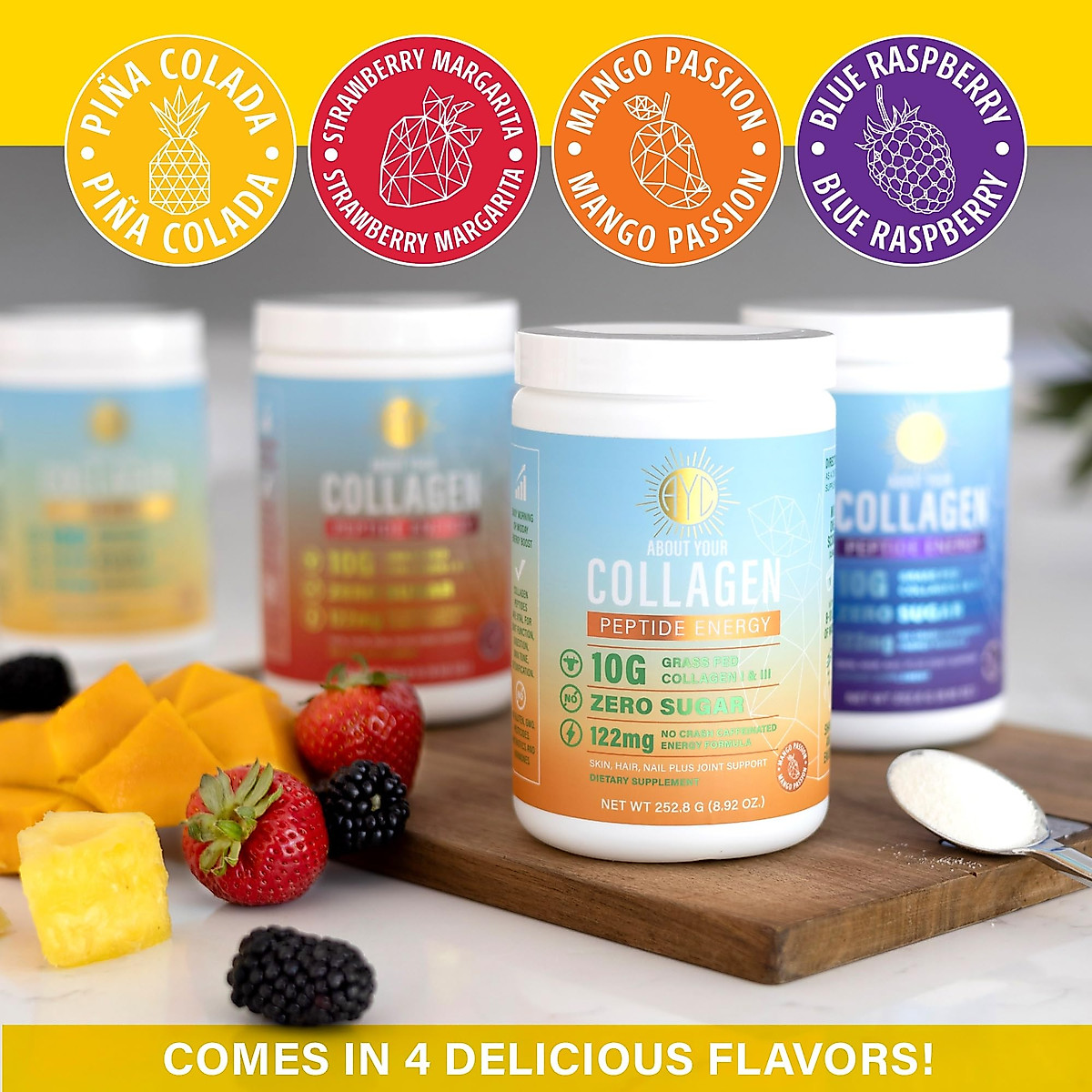 ABOUT YOUR COLLAGEN Peptide Energy Collagen Powder Hair, Nail, Skin, Type I & III,Caffeine for Energy, Vitamin C, Biotin, Hyaluronic Acid, Zero Sugar – 8.92 oz (Mango Passion)