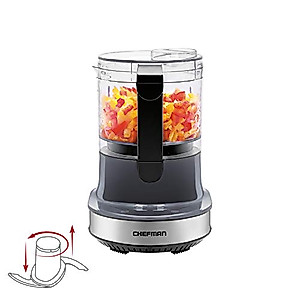 Chefman Electric 4-Cup Food Chopper Blender with Revolutionary Vertical Motion Auto-Chopping for Perfectly Even Mixing Results, Dishwasher-Safe Stainless Steel Dual Blades, BPA-Free Bowl & Lid, Grey