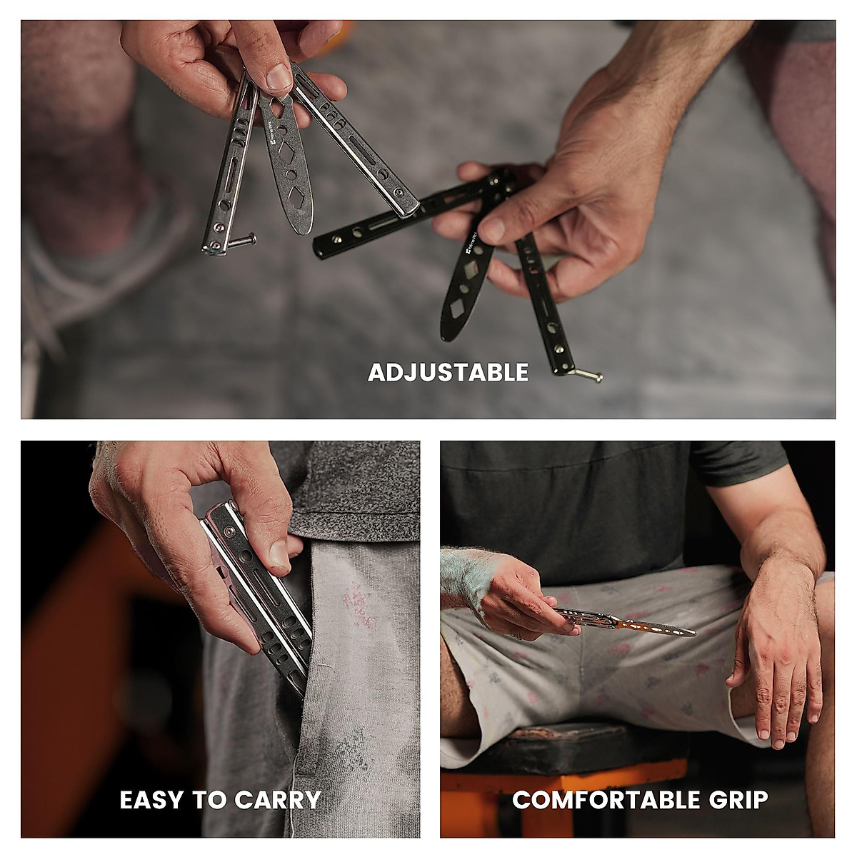 Butterfly Knife, Balisong Trainer Unsharpened Blade, 2 Practice Knives Set with Pouches Fully safe Not Real Blades