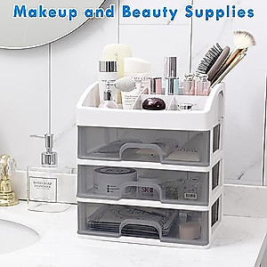 4 Tire Desk Drawer Organizer,3 Drawer Desktop Plastic Storage Drawers,Clear Desk Organizer with Sliding Drawer,Desktop Organization for Office School Home, Makeup Supplies,Transparent Gray