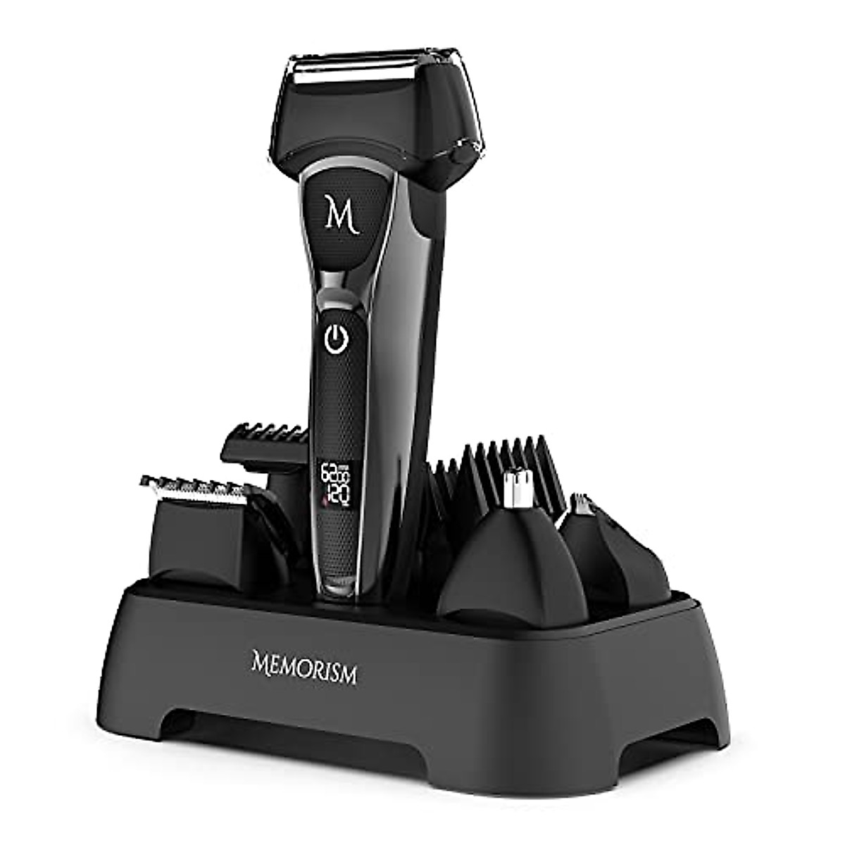Memorism Multifunction Men’s Grooming Kit - Foil Shaver 4-Attachment Body Hair, Nose, Beard Trimmer with Adjustable Guard Heights - Rechargeable with LED Display Blizz GS5 (Black)