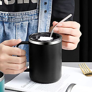 Lcxecnw Coffee Cup Mug with Handle,16 oz Stainless Steel Mugs,Double Wall Vacuum Travel Mug,Tumbler Mugs with Straw and Sliding Lid,Hot & Cold Drinks for Home Office (Black)