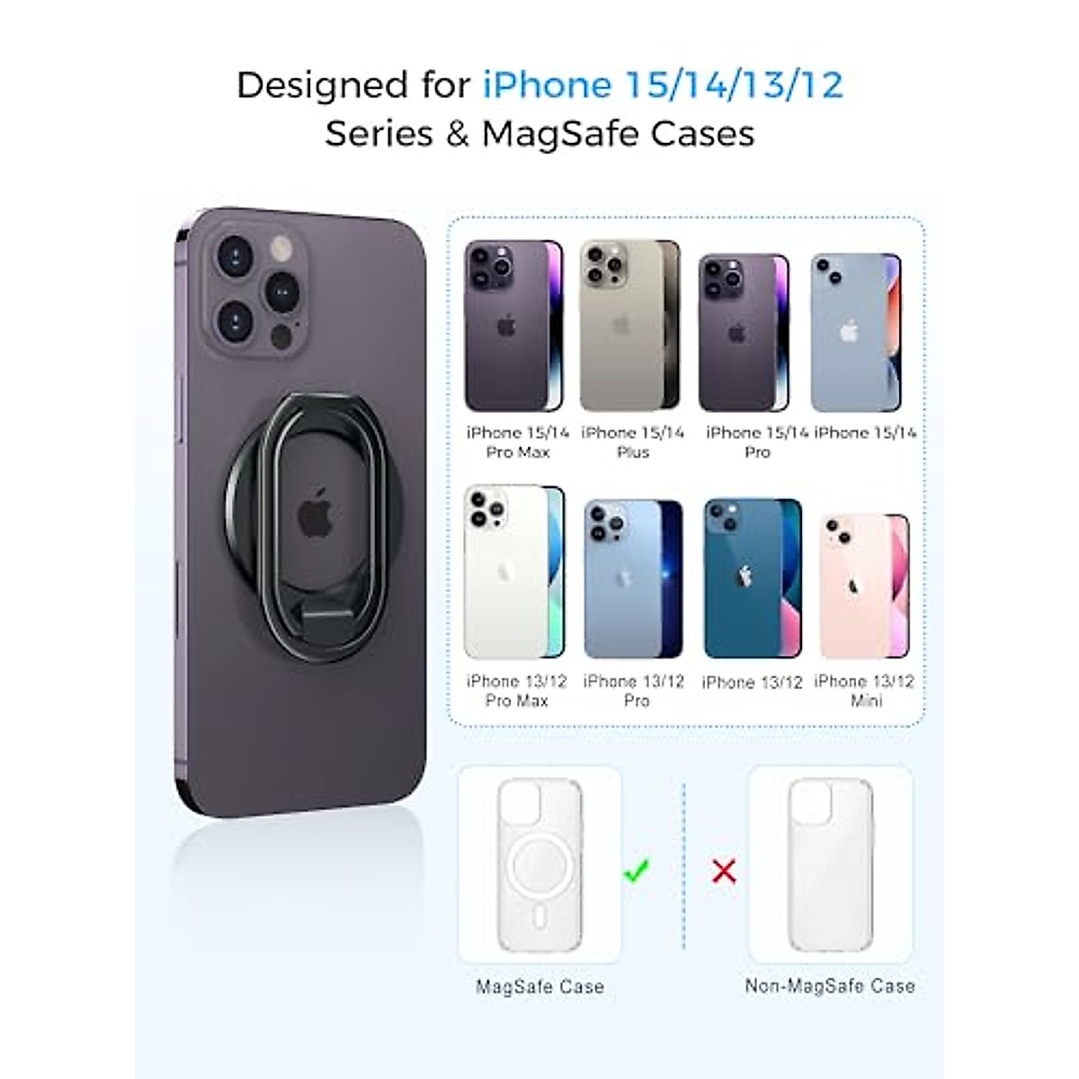 【2023 Upgraded】 Mag Safe Phone Ring Holder, SUPERONE Adjustable Magnetic Kickstand & Removable Phone Grip Compatible with Wireless Charging Only for iPhone 15 & 14 & 13 & 12 Series - Black
