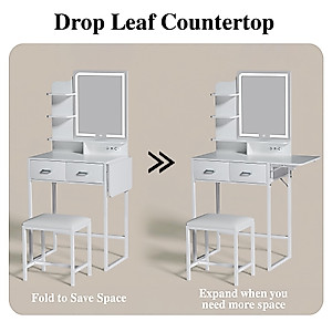 ALEXNUTRE Makeup Vanity Desk with Mirror and Lights, Small Vanity with Fabric Storage Drawer & Chair & Shelves, White Vanity with Fold-up Panel and Power Outlet for Bedroom