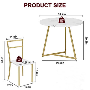 Amyove Dining Table Set for 2, Round Kitchen Table and Chairs for 2, Modern Dining Room Table Set with 2 Metal and Wood Chairs, Kitchen Table Set for Small Space, Apartment, Marble White and Gold