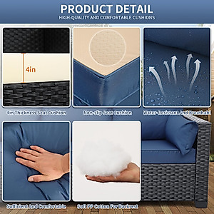 Valita 3-Seat Outdoor Rattan Sofa Patio Couch Black PE Wicker Loveseat Seating Furniture with Washable Navy Blue Cushions