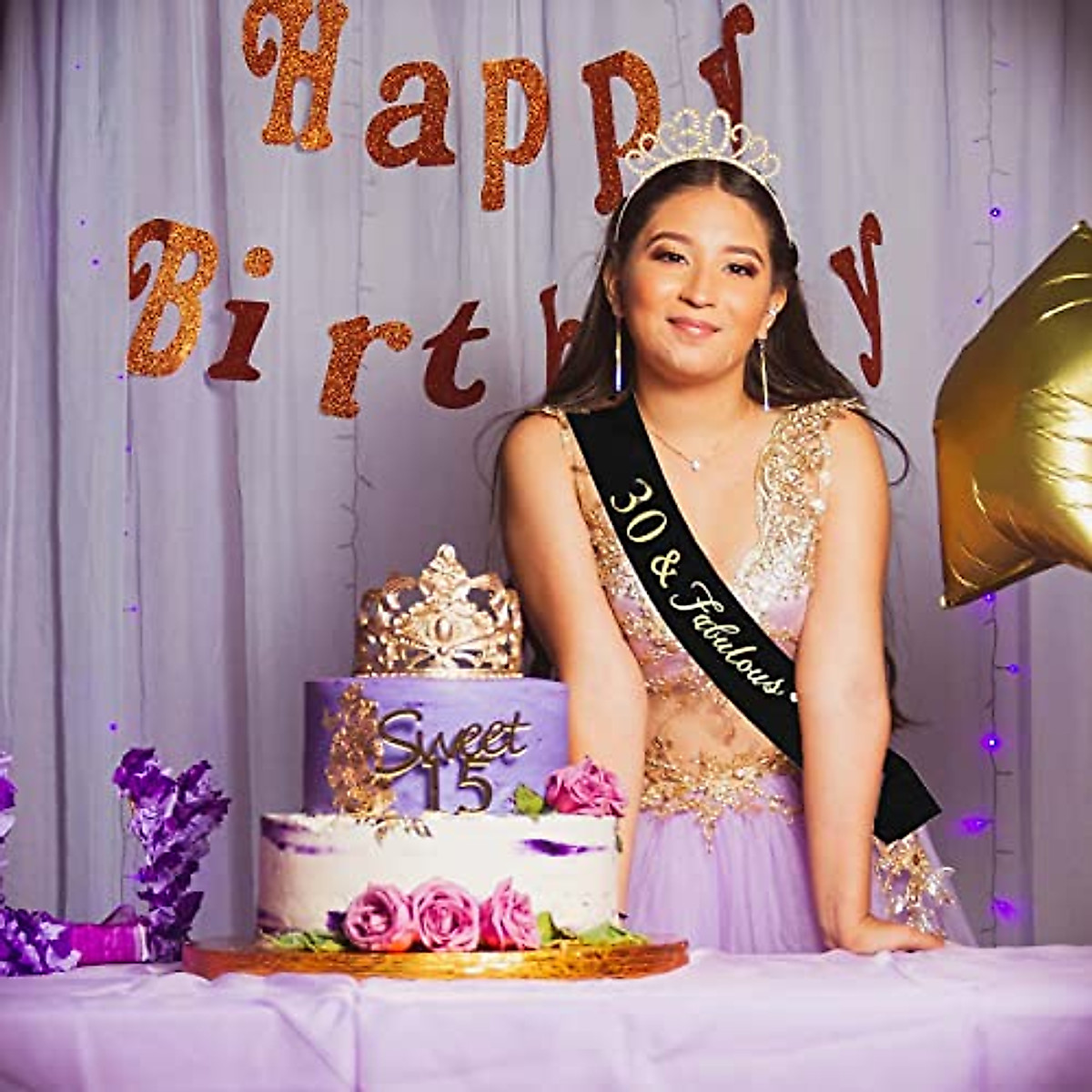 30th Birthday Crown and Birthday Sash 30th Birthday Decorations for Women 30th Birthday Tiara Headbands 30th Birthday Gift for Women (Gold)