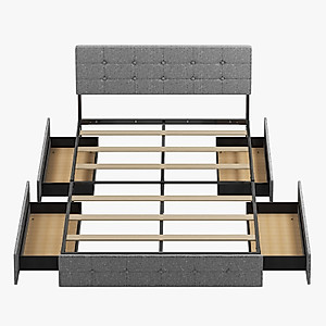 Mixoy Upholstered Platform Bed Frame with 4 Storage Drawers,Cal King Bed Frame with Square Button Tufted Adjustable Headboard, Wood Slat Support,No Box Spring Needed,No Mattress (Cal King,Dark Grey)