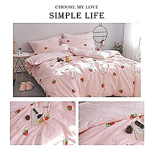 AOJIM Duvet Cover Set Pure Cotton Cute Pink Anime Bedding Set 3 PCS with Zipper Closure, 1 Kawaii Strawberry Duvet Cover and 2 Pillowcases, Japanese Style Quilt Cover Queen, No Comforter
