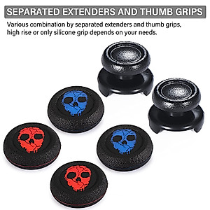 Playrealm FPS Thumbstick Extender x 2 & Printing Rubber Silicone Grip Cover x 4 for PS5 Dualsenese & PS4 Controller (Ghost Red & Blue)