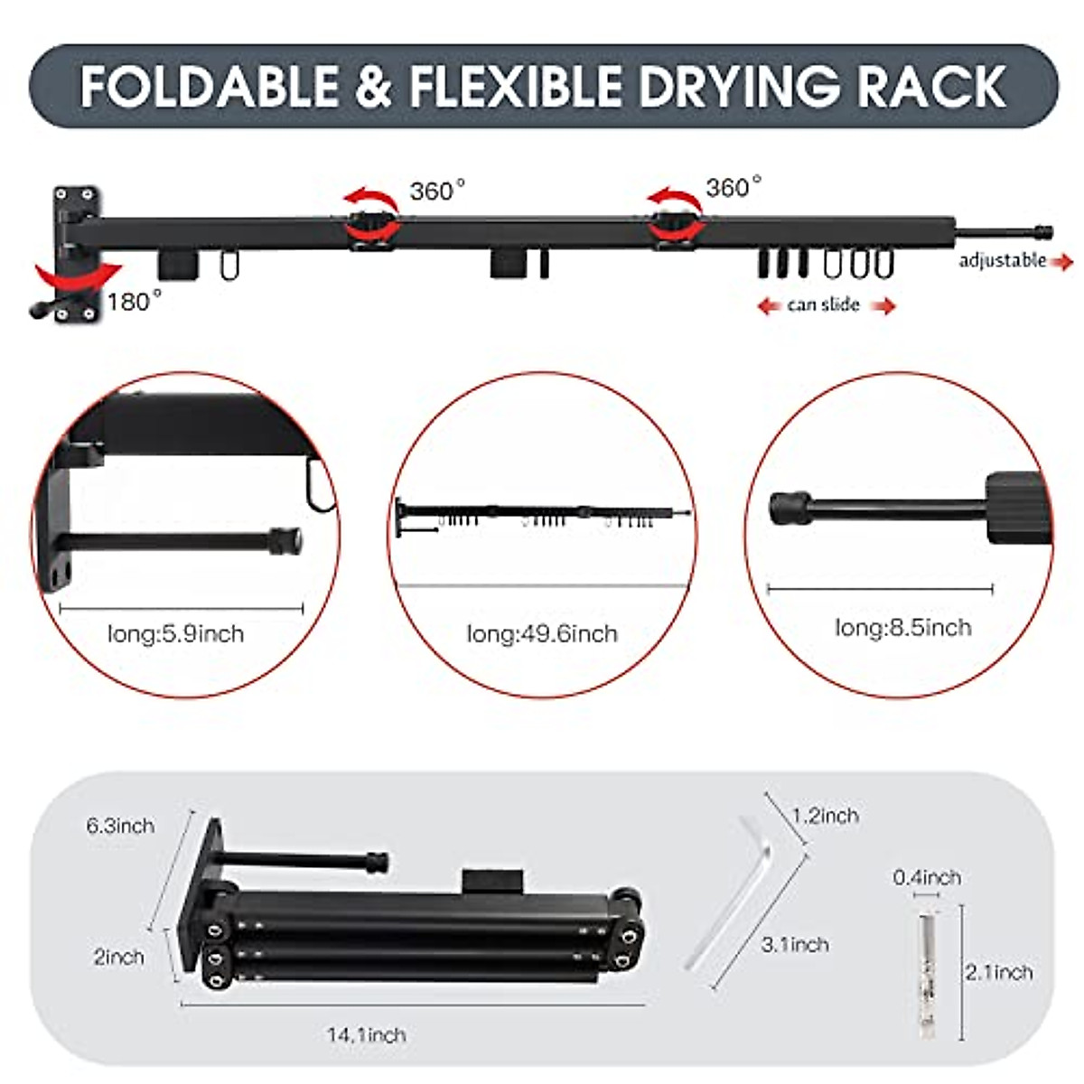 SUTINE Wall Mounted Clothes Drying Rack Folding Indoor, Collapsible Laundry Drying Rack Space-Saver, Heavy Duty Drying Rack Clothing with Hanger Storage Bar for Balcony, Bathroom, Bedroom