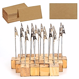 20 Pcs Rustic Wood Place Card Holders with Memo Clips and 30 Pcs Kraft Place Cards, Wooden Table Number Holder Stand Photo Picture Note Clip Holders for Wedding Party Name Sign - Cube Base