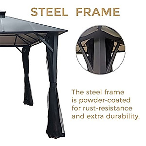 Walnut 10 Ft. X 10 Ft. Metal Outdoor Patio Gazebo with Insulated Double-Roof Hardtop and Netting