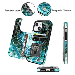 uCOLOR Compatible with iPhone 14/15 Plus 6.7" Wallet Case with Card Holder Slots Folio Flip PU Leather Kickstand Magnetic Clasp and RFID Blocking Cover (Blue Marble)