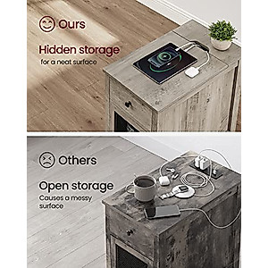 VASAGLE Side Table with Storage, End Table with USB Ports and Outlets, Nightstand with Charging Station, Drawer, Storage Cabinet, Magazine Rack, for Living Room, Bedroom, Greige