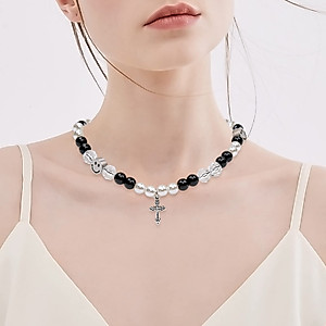FLYEMMET Gothic Cross Charm Pendant Necklaces Y2k Fashion Black Beads Pearls Chain Choker Necklace for Women Men Jewelry Gifts (Smiley Face Beads)