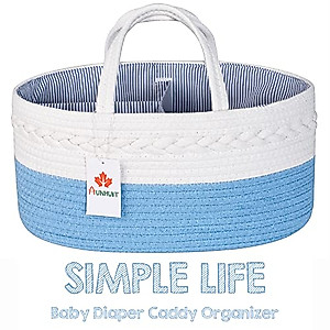 Large Baby Diaper Caddy Organizer Blue 100% Cotton Rope Basket Nursery Storage Bin Portable for Changing Table/Car Hanging Travel Bag Tote Newborn Registry Must Have Baby Boy Shower Gift Basket