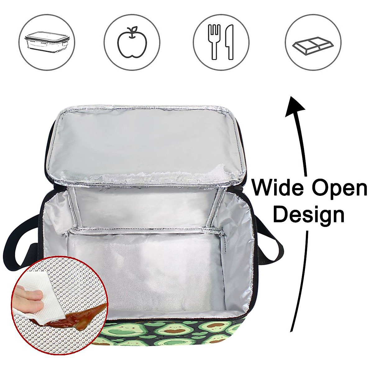 ZZXXB Avocado Love Heart Insulated Lunch Bag Cooler Reusable Lunch Box School Office Travel Picnic Tote Bag for Women Men Kids