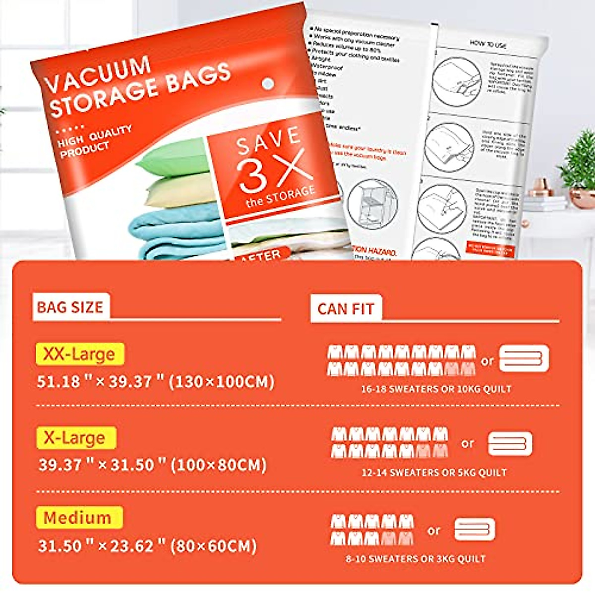 Vacuum Storage Bags for Home，80% More Storage,Space Saver Bags for Bedding Comforter Pillows Blanket Clothes(10 Pack, 10 X-Large)