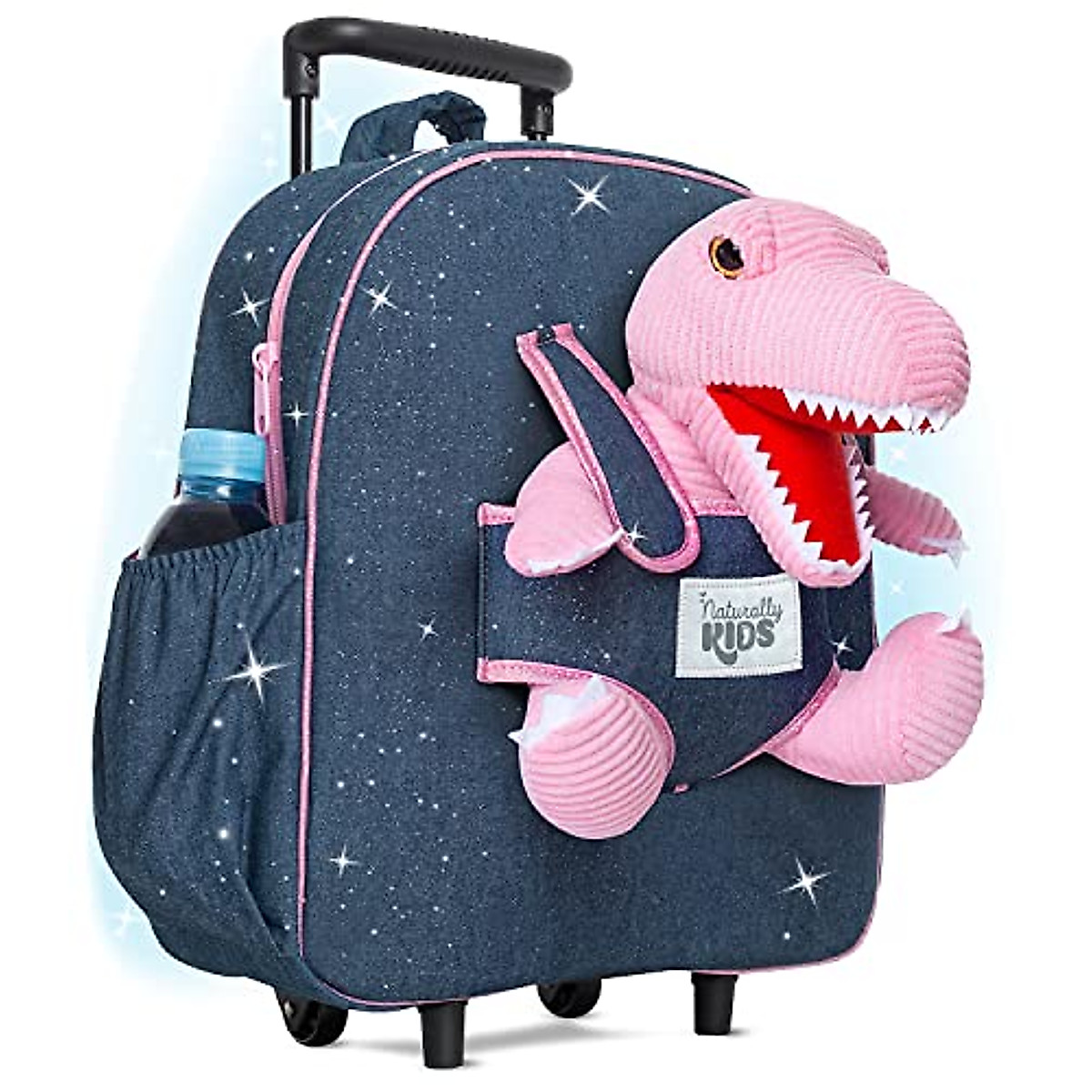 Naturally KIDS Dinosaur Backpack - Dinosaur Toys for Kids 3-5 - Kids Suitcase for Boys Girls w Stuffed Animal - Gifts for 7 Year Old Boy - w Pockets & Reflective Logo - Rolling Backpack w Pink T Rex