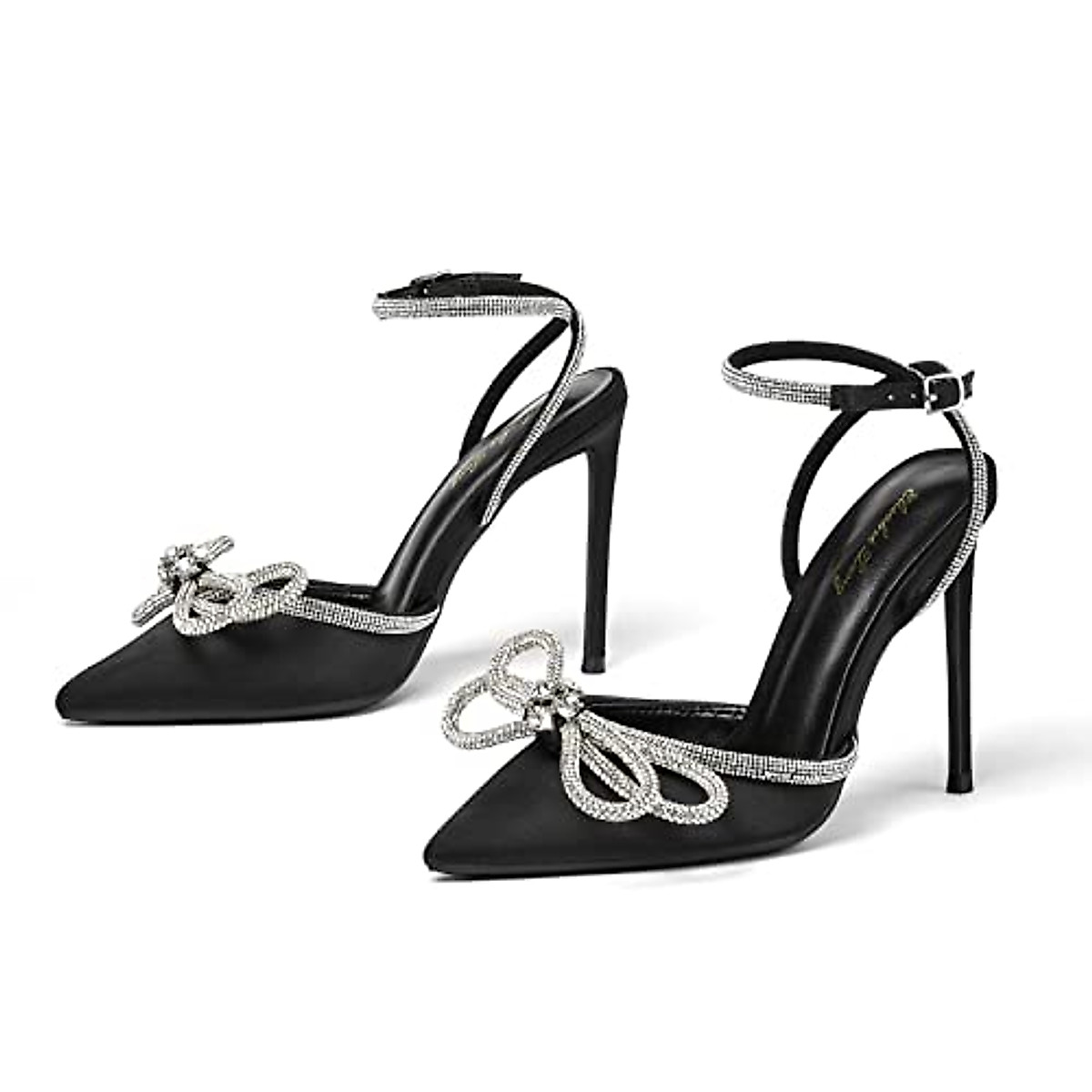 Elisabet Tang Women's High Heel Pumps,Satin Rhinestone Bowknot Lace Up Sandals Pointed Toe Ankle Buckle Straps Pump Stiletto Sandals Black Size 8