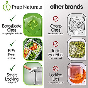 PrepNaturals glass food storage containers, meal prep container, bento box for lunch, dishwasher & microwave safe (multi-compartment)