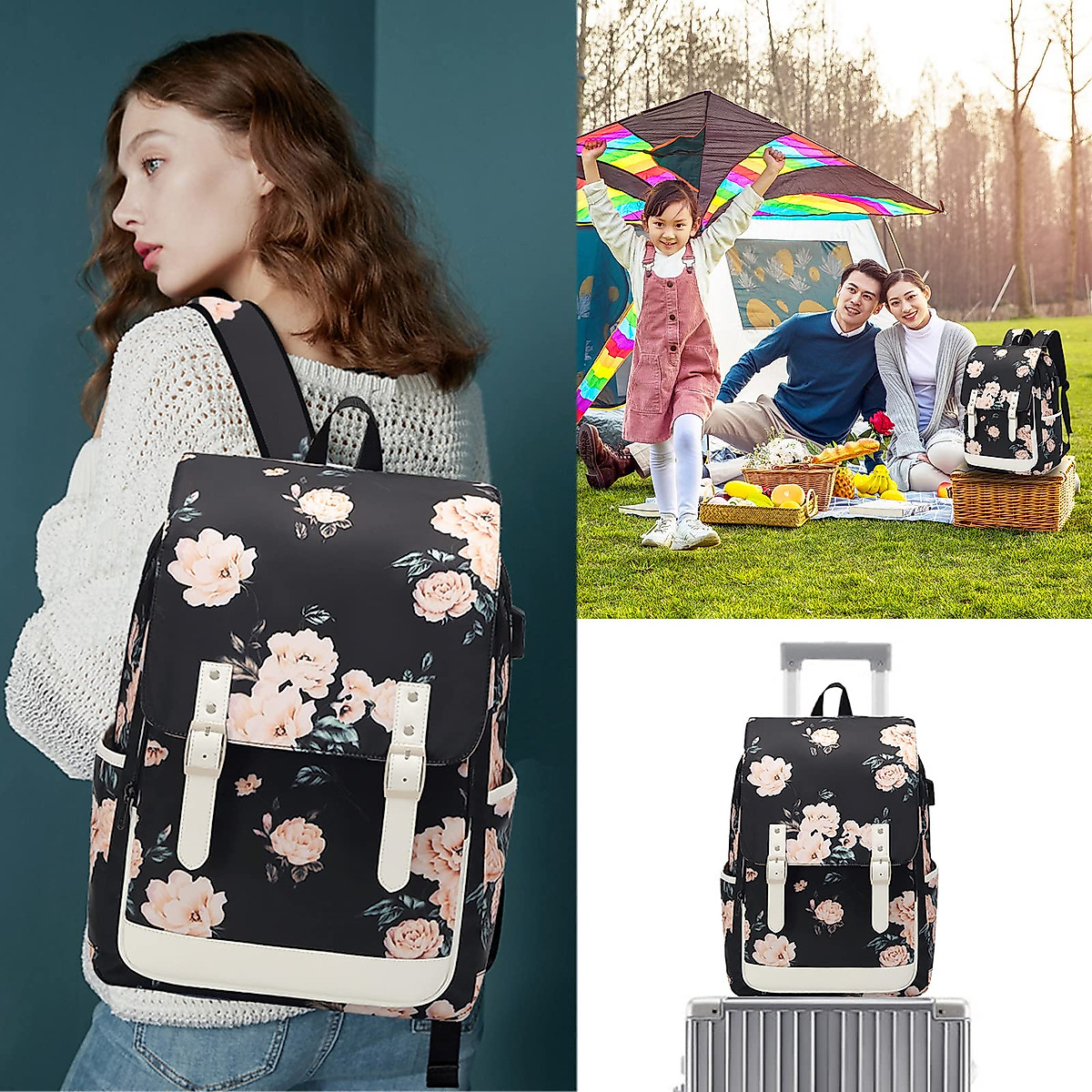 Nazoelly Floral Laptop Backpack,College School Backpack with USB Charging Port