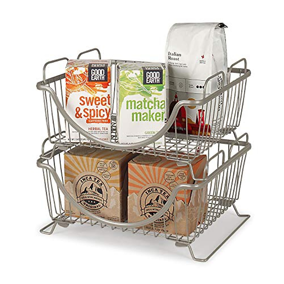 Spectrum Diversified Ashley Stackable Tray, Wire Basket with Raised Feet and Looped Handles Modular Stacking Bin System for Kitchen Countertop & Desk Organization, Satin Nickel