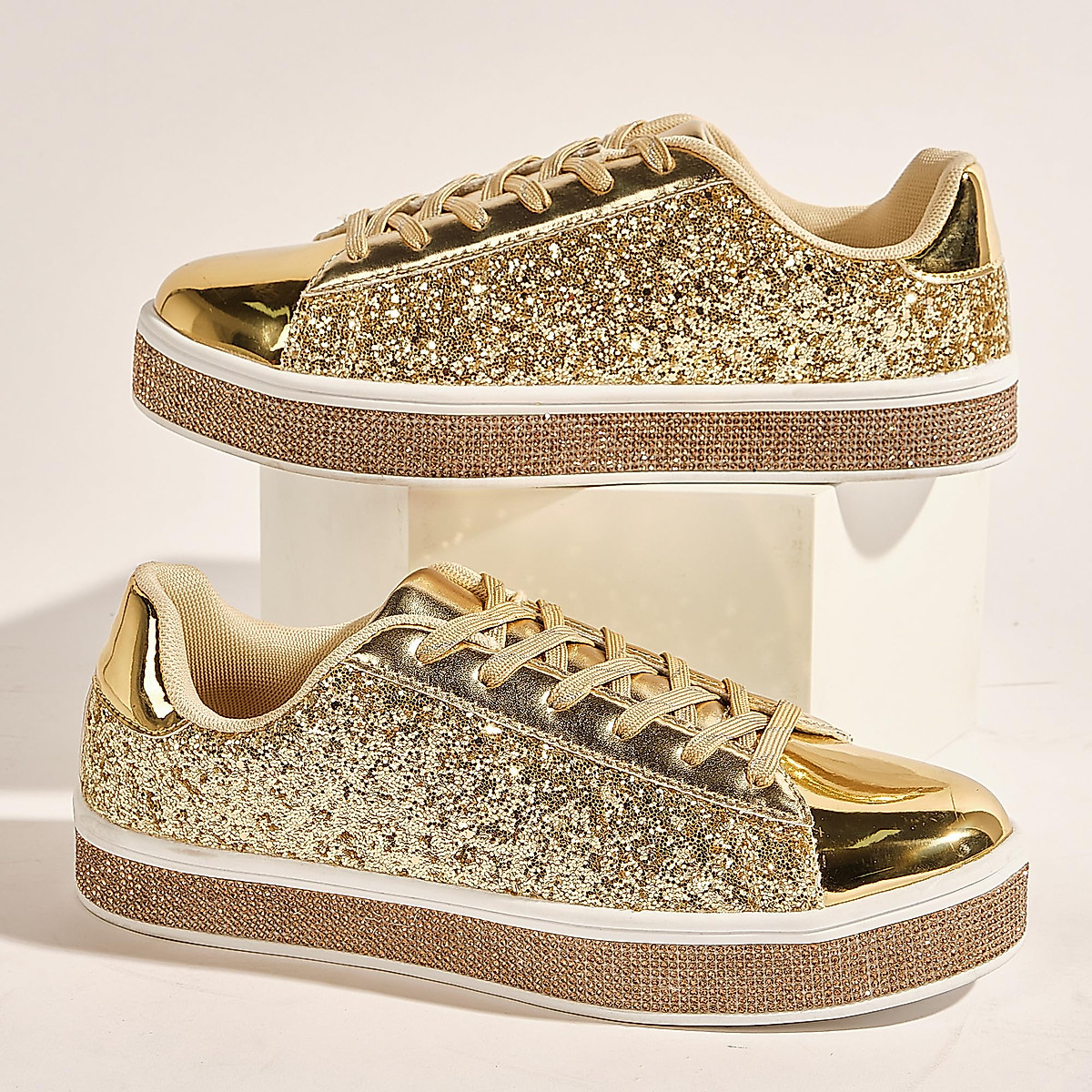 UUBARIS Women's Glitter Tennis Sneakers Neon Dressy Sparkly Sneakers Rhinestone Bling Wedding Bridal Shoes Shiny Sequin Shoes Gold Size 11