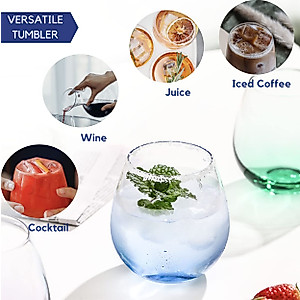 ColoVie Stemless Martini Glasses Set of 6 and Colored Stemless Wine Glasses Set of 6, Colorful Glassware, Drinking Glasses Set, Large Stemless, Red Wine, White Wine