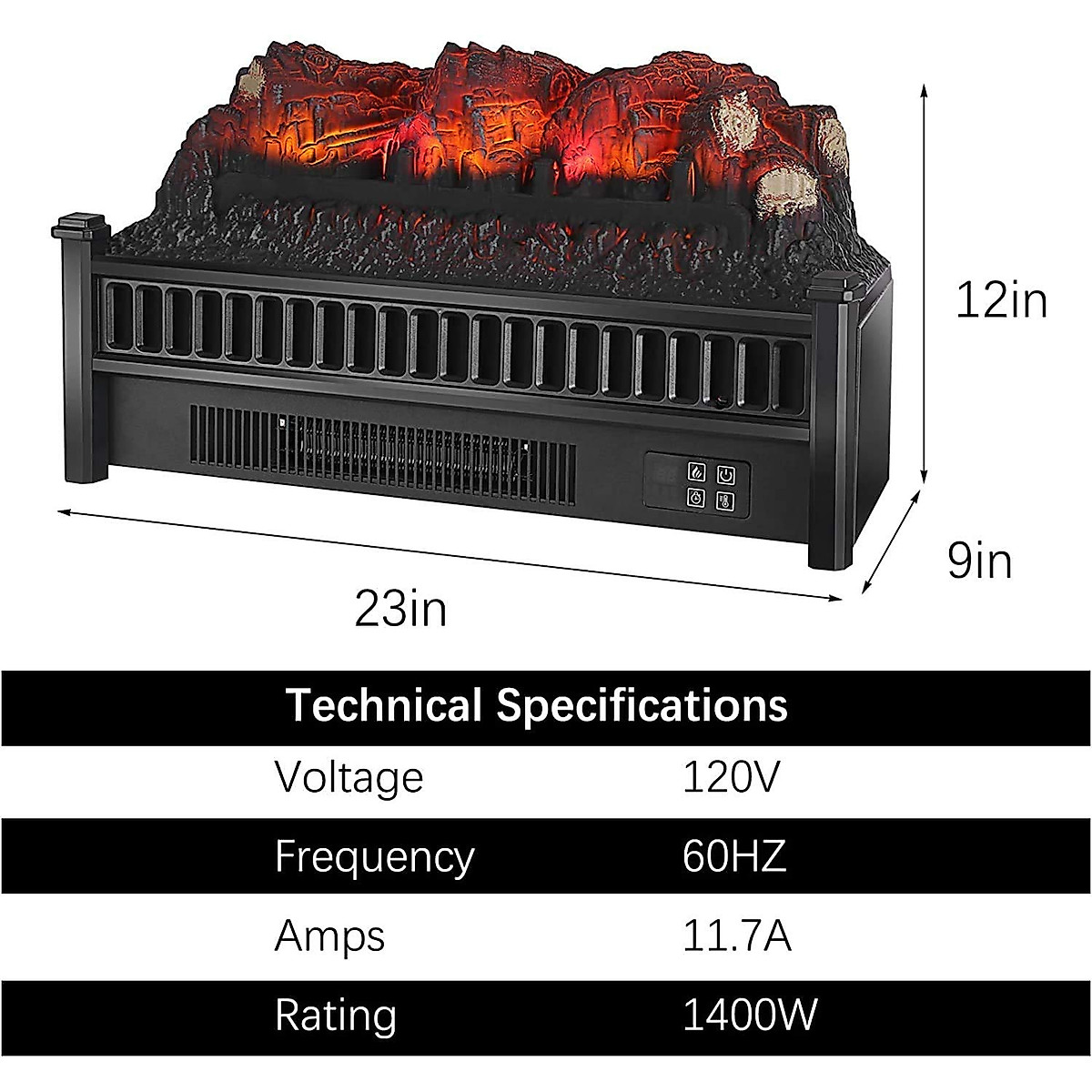 Electric Fireplace 23" Remote Control Fireplace Insert Log Heater, Realistic Pinewood Ember Bed, Level 3 Adjustable Flame, Overheat Protection, Thermostat, Timer, 1400W Black
