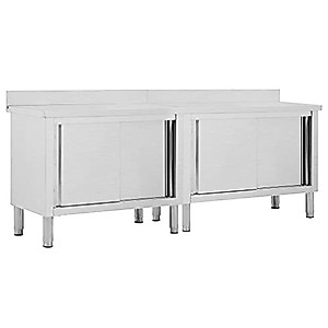 SKM 2pcs Stainless Steel Work Table with Sliding Doors 94.5"x19.7"x(37.4"-38.2") Stainless Steel Prep Table for Commercial Kitchen