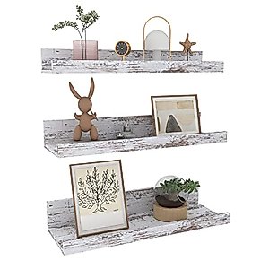 16 Inch Floating Shelves for Wall Set of 3, Rustic Picture Ledge Wall Mounted Shelf for Living Room, Bedroom, Kitchen, Bathroom, Distressed White