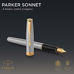 PARKER Sonnet Fountain Pen, Stainless Steel with Gold Trim, Fine Nib (1931504)