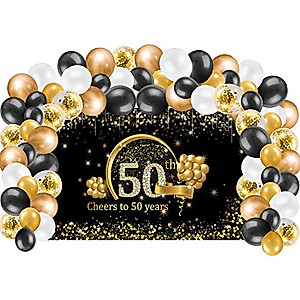 Kauayurk 50th Birthday Banner Backdrop with Balloon Garland Arch Decorations - Gold Extra Large Cheers to 50 Years Birthday Party Photo Booth Background and Balloon Garland Supplies