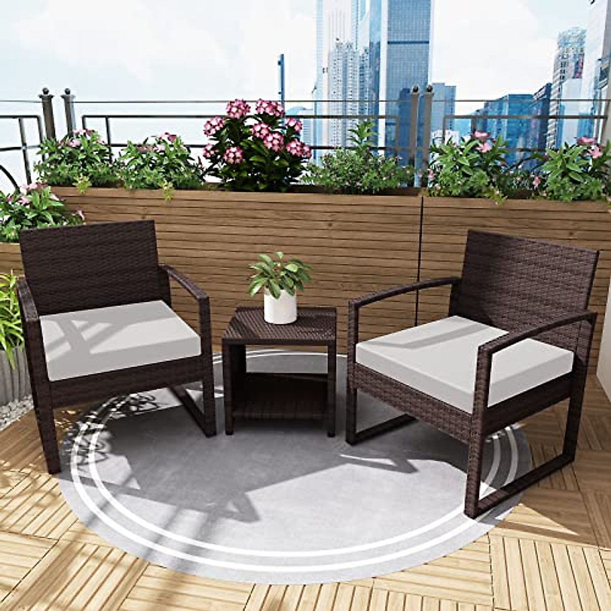 LayinSun 3 Pieces Patio Set Outdoor Wicker Conversation Bistro Set,PE Rattan Chairs with Coffee Table for Porch Lawn Garden Backyard (Brown-Light Grey)